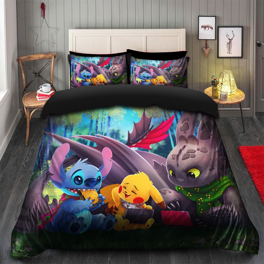 Pikachu Toothless Stitch Bedding Set Duvet Cover And 2 Pillowcases ...