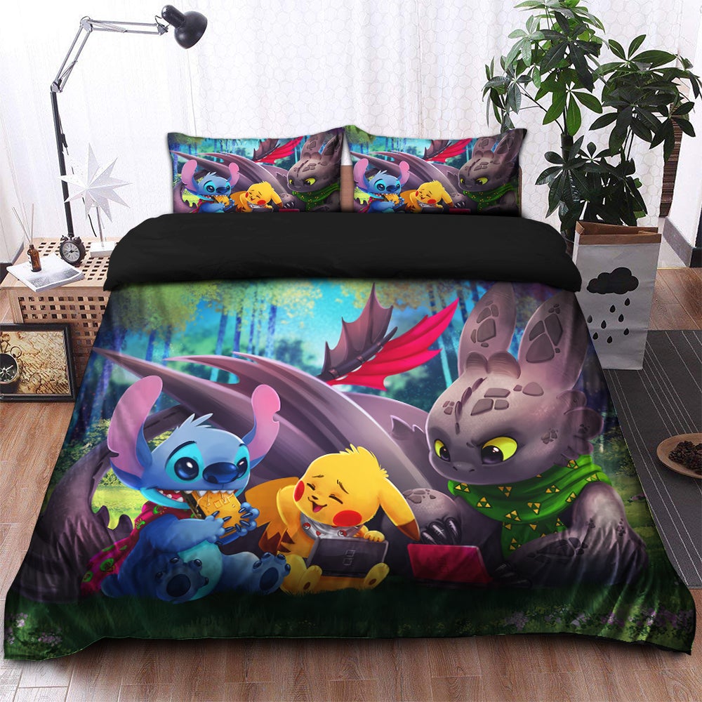 Pikachu Toothless Stitch Bedding Set Duvet Cover And 2 Pillowcases ...