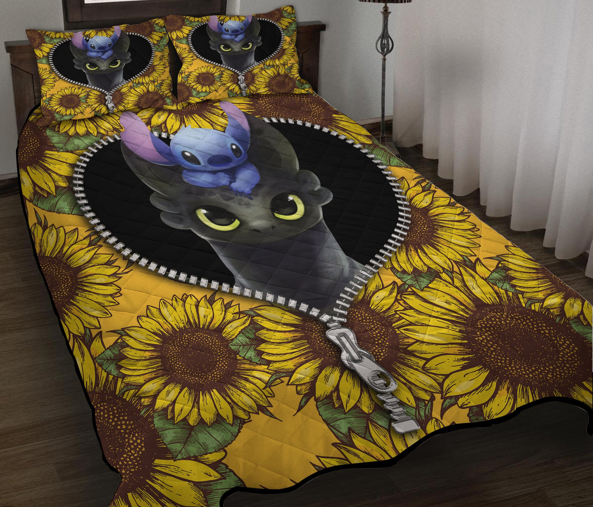 Toothless And Stitch Sunflower Zipper Quilt Bed Sets - Nearkii