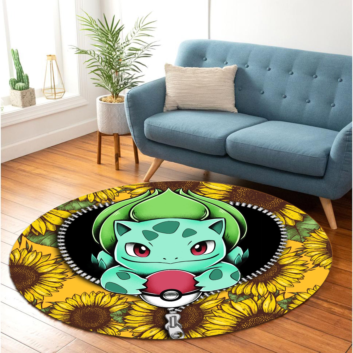 Bulbasaur Pokemon Sunflower Zipper Round Carpet Rug Bedroom Livingroom ...
