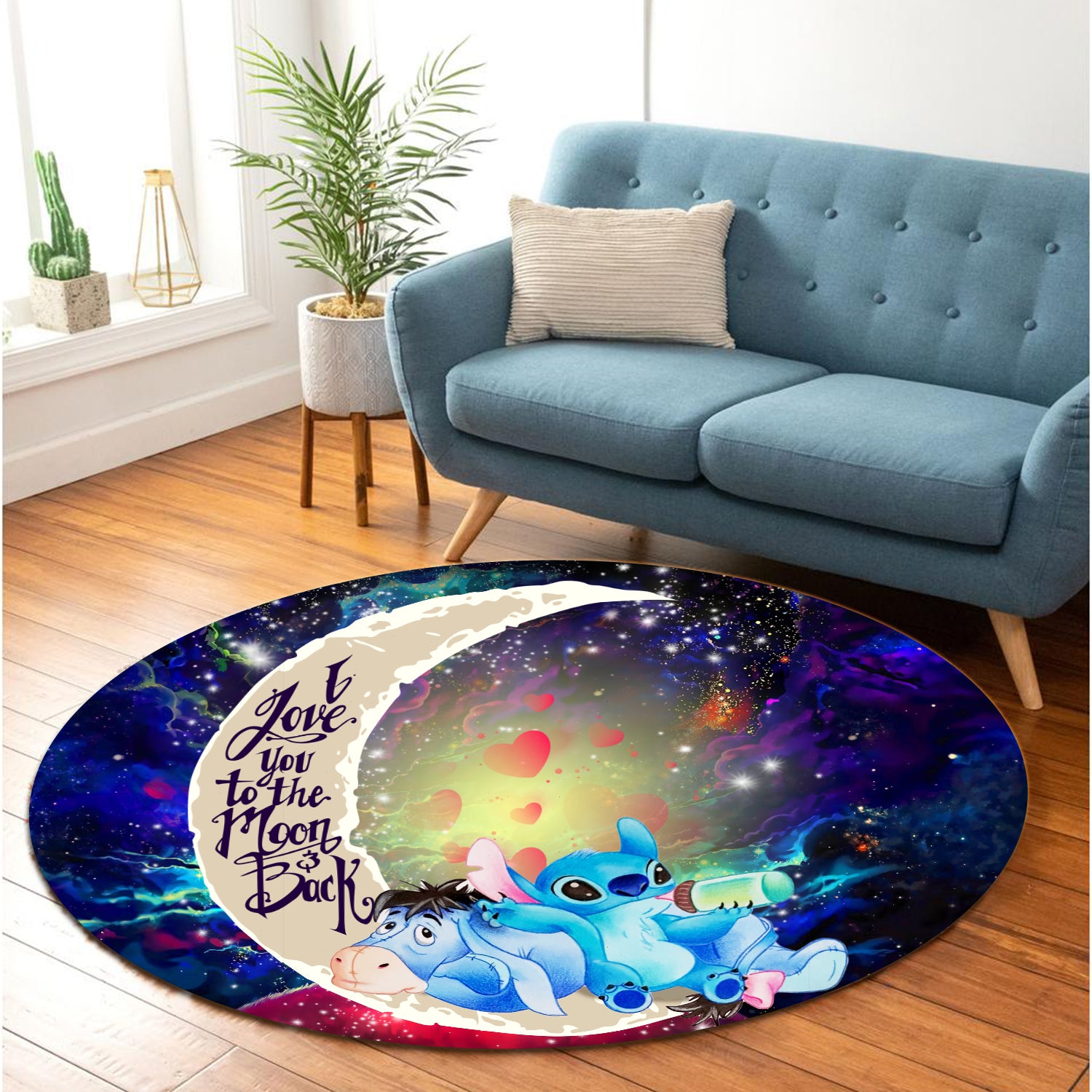 Stitch And Eeyore Couple Love You To The Moon Galaxy Round Carpet Rug ...