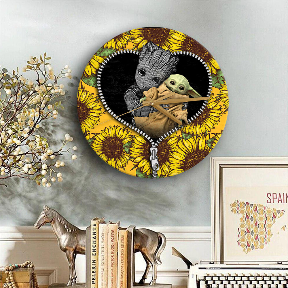 Baby Groot And Baby Yoda Sunflower Zipper Wood Wall Clock - Nearkii