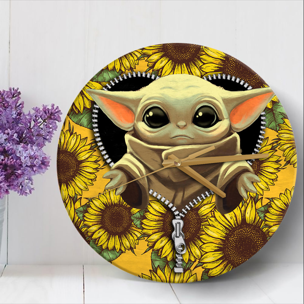 Baby Yoda Sunflower Zipper Wood Wall Clock - Nearkii