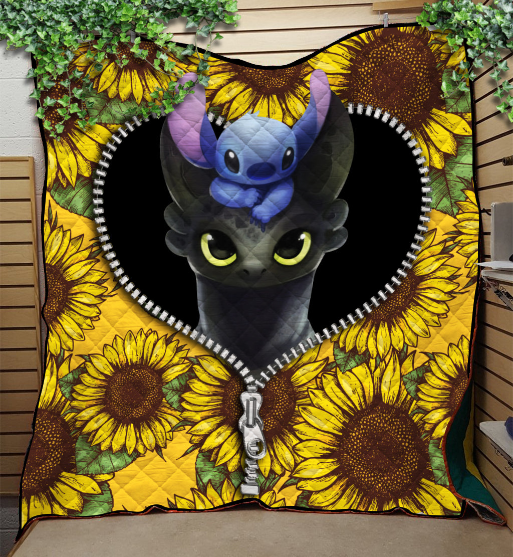 Toothless And Stitch Sunflower Zipper Quilt Blanket - Nearkii