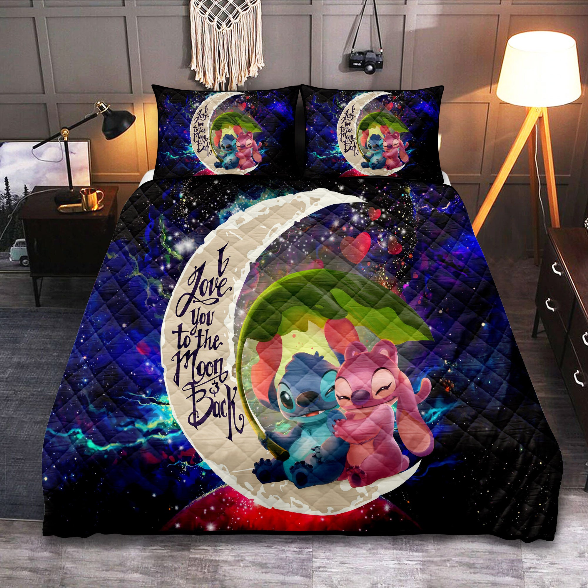 Stitch Angel Love You To The Moon Galaxy Quilt Bed Sets - Nearkii