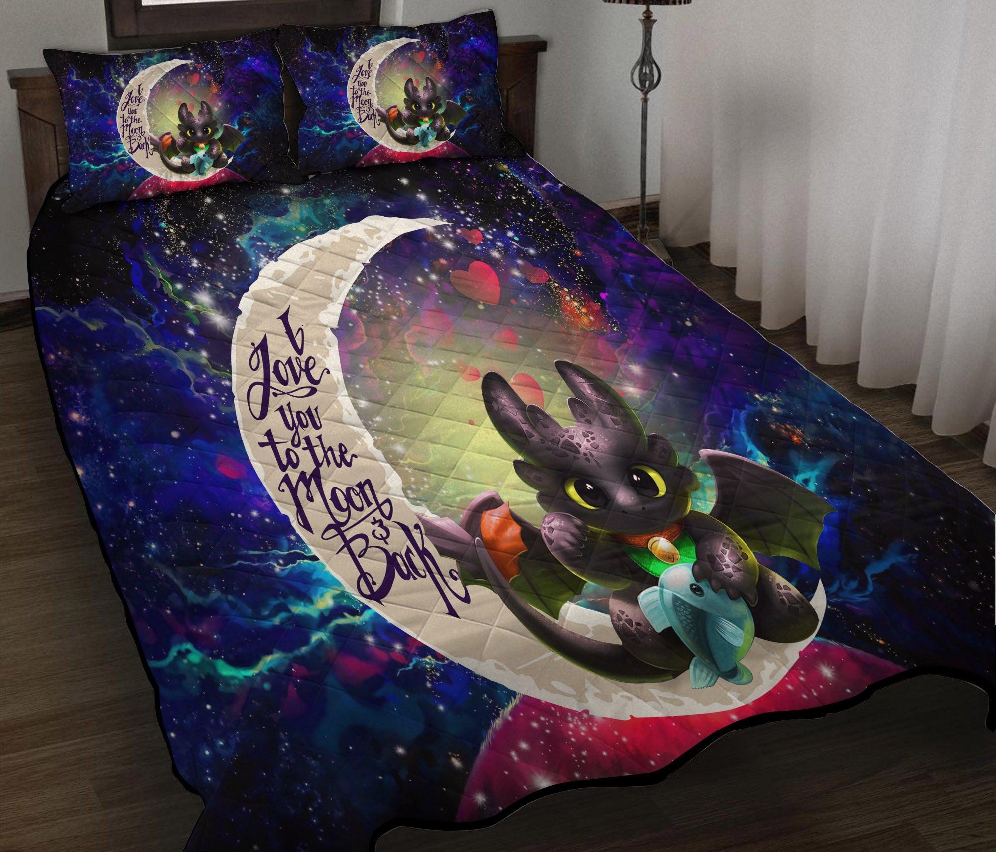 Toothless With Fish Love You To The Moon Galaxy Quilt Bed Sets - Nearkii