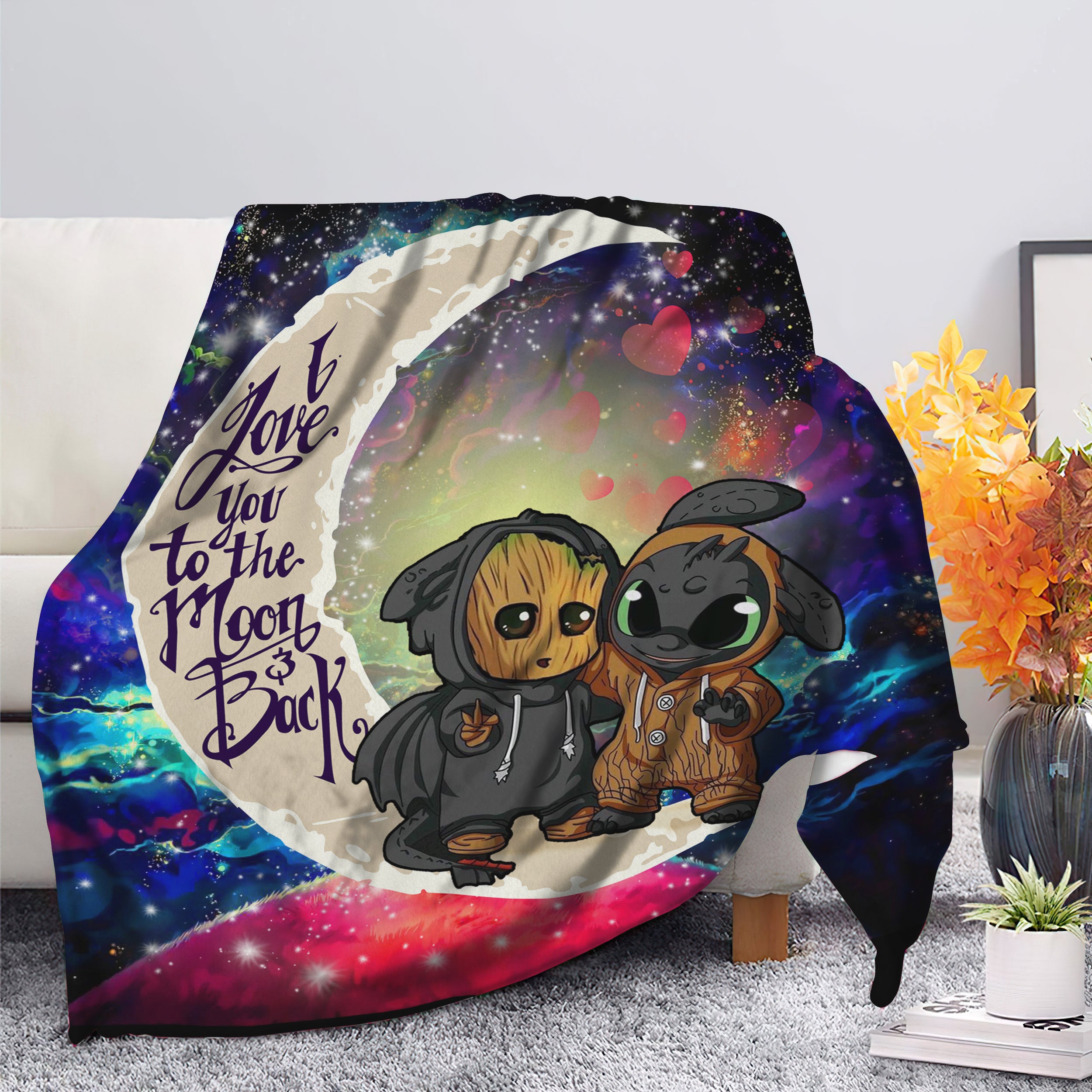 Groot And Toothless Love You To The Moon Galaxy Blanket - Nearkii