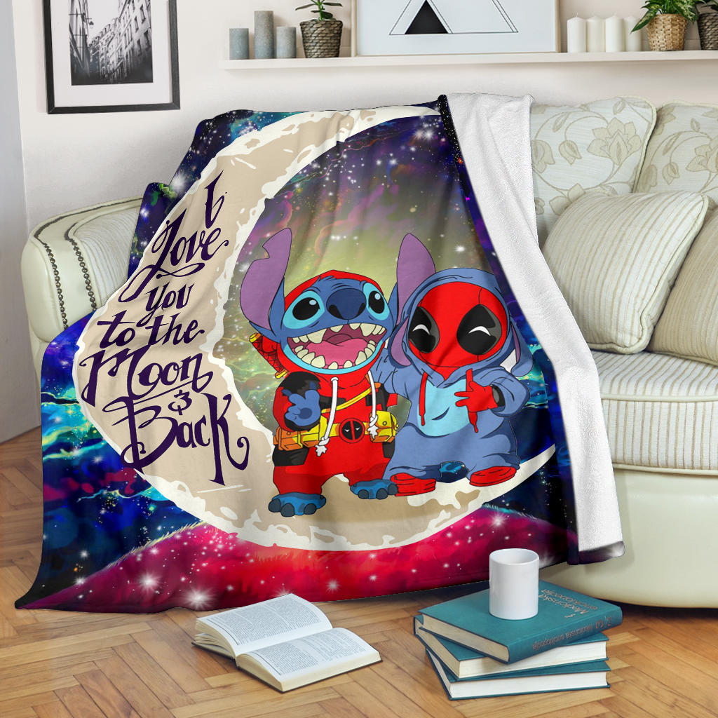 Cute Deadpool And Stitch Love You To The Moon Galaxy Blanket - Nearkii