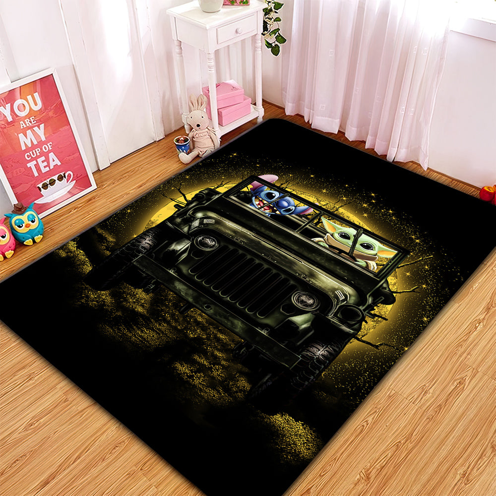 Stitch And Baby Yoda Ride Jeep Funny Anime Moonlight Rug Carpet Rug ...