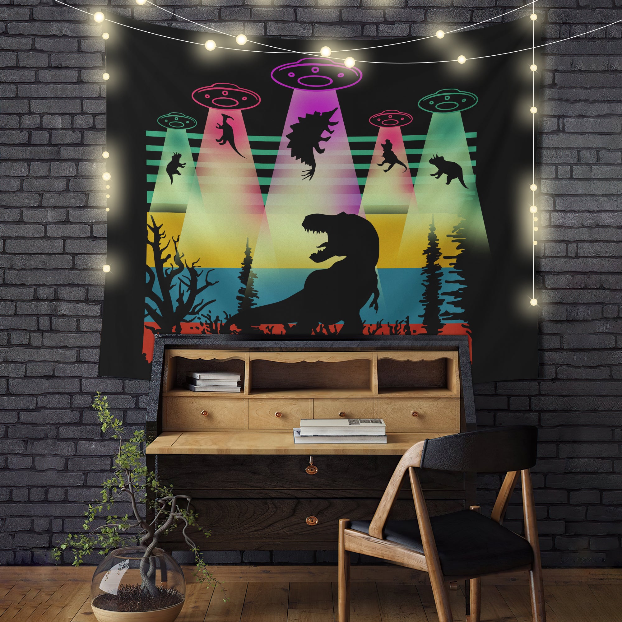 T-rex Dinosaur UFO Aliens Tapestry Room Decor - Nearkii