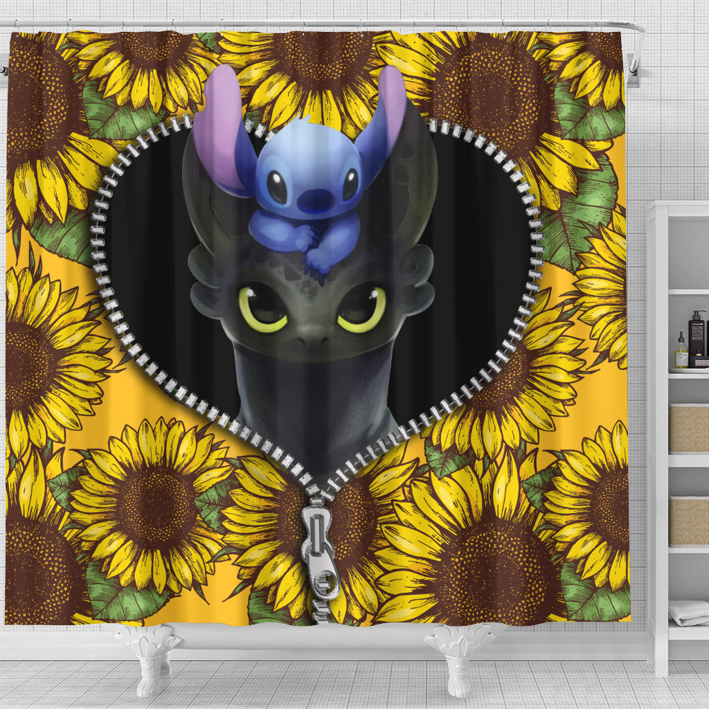 Toothless And Stitch Sunflower Zipper Shower Curtain - Nearkii