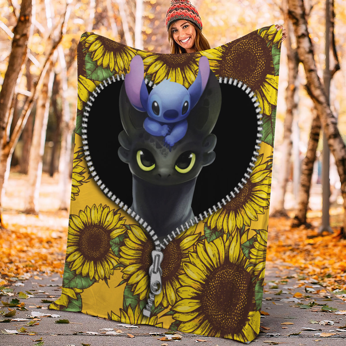 Toothless And Stitch Sunflower Zipper Premium Blanket - Nearkii