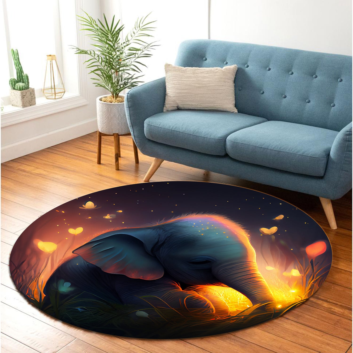 Cute Baby Elephant Bedded Down In The Grass 1 Round Carpet Rug Bedroom ...